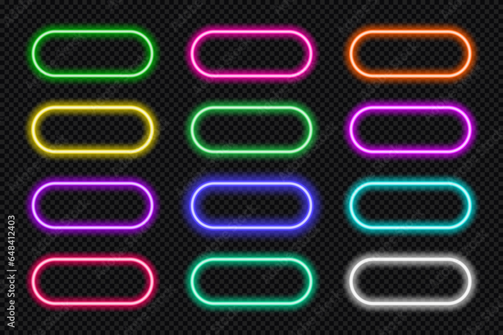 Neon button frames pill set. Glowing coloful rounded rectangle border ...
