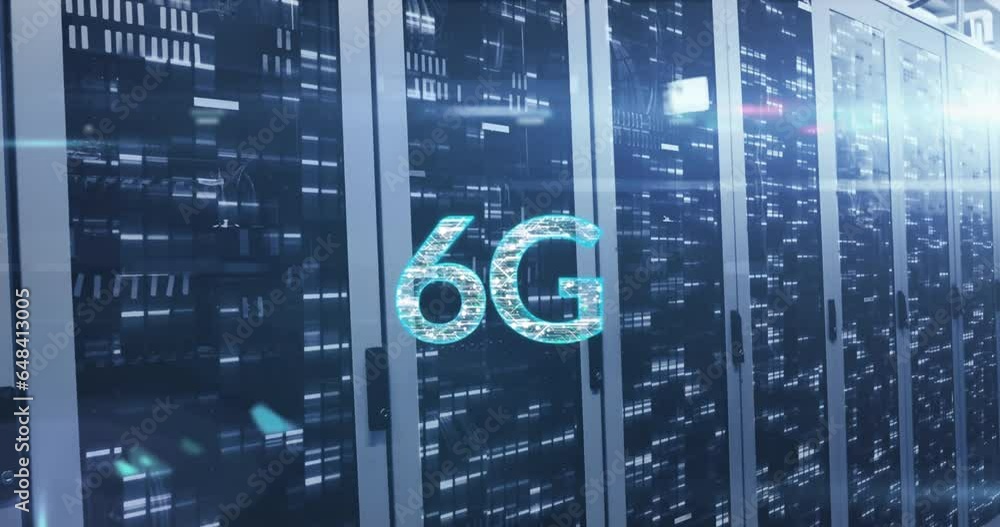 Animation connected dots in 6g text with lens flares over bars on data server racks Stock Video ...