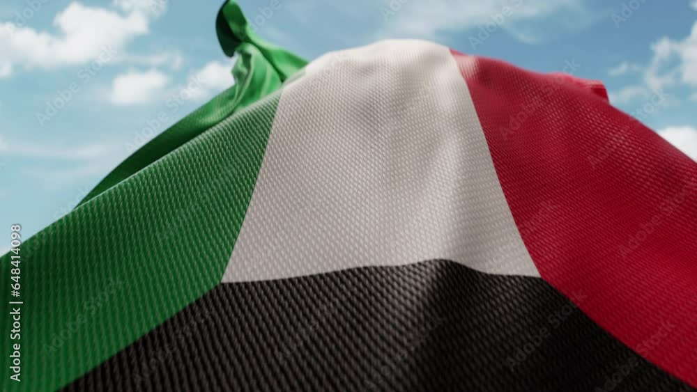 Wavy flag of Kuwait blowing in the wind in slow motion. Waving colorful ...