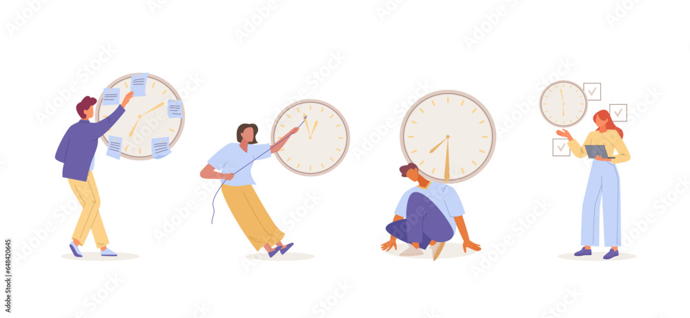 Time management people. cartoon flat minimalistic characters, office ...