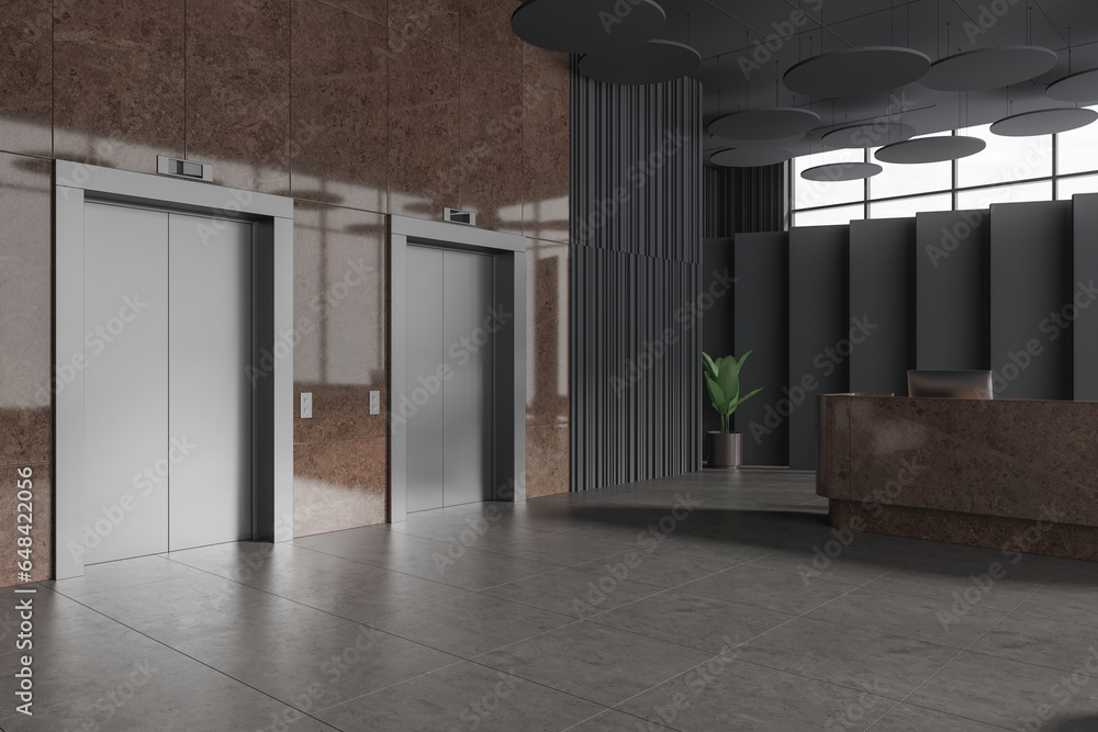 Dark office lobby interior elevators and marble reception desk with pc ...