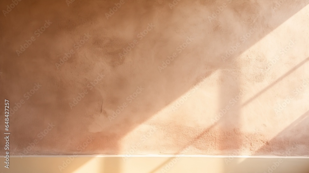 Beige sandstone wall display with sun rays through window across ...