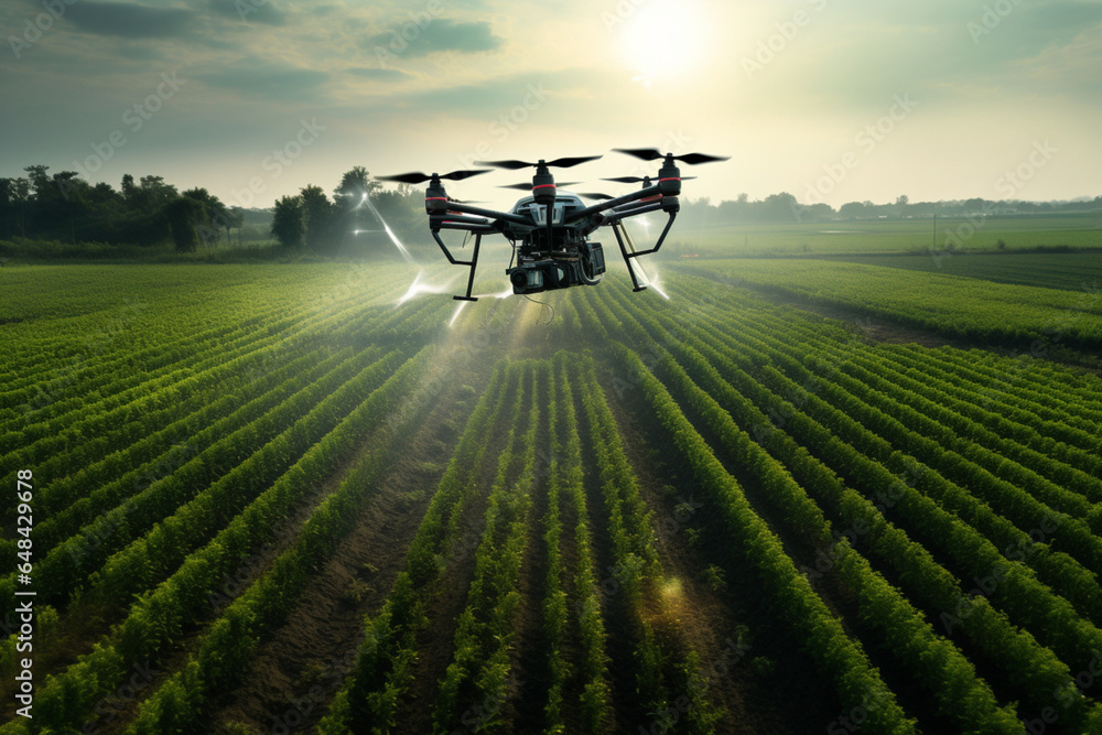 An aerial view of drones flying over agricultural fields, equipped with ...