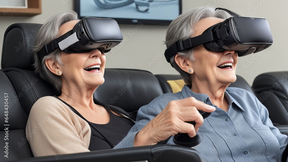 Two joyful senior (older) women in virtual reality glasses are sitting ...