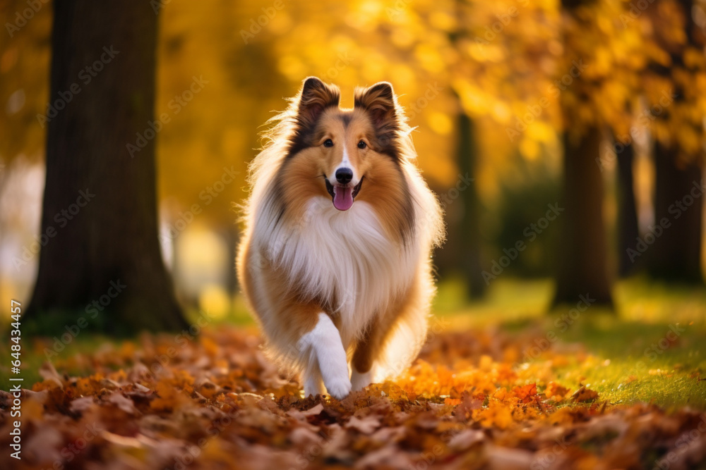 Active Sheltie dog enjoying a stroll in a beautiful park - a ...