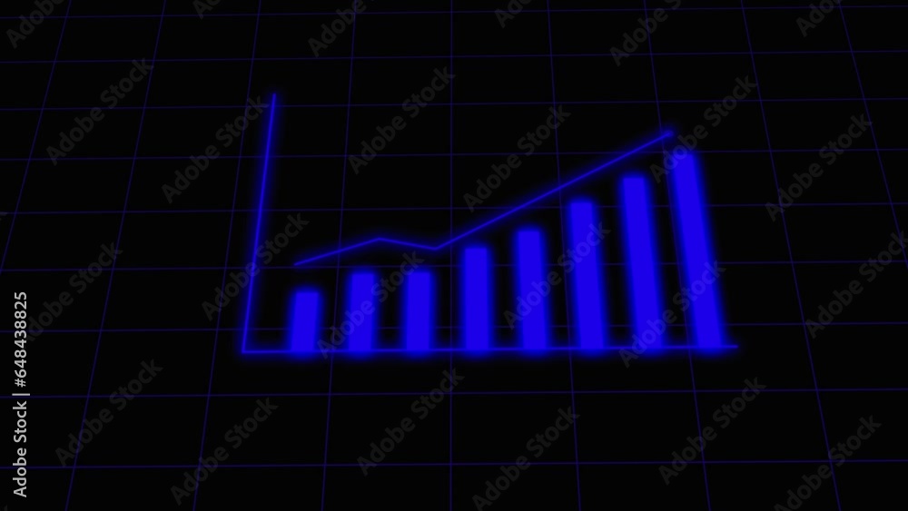 Neon blue digital bar graph with declining trend line animated on dark ...