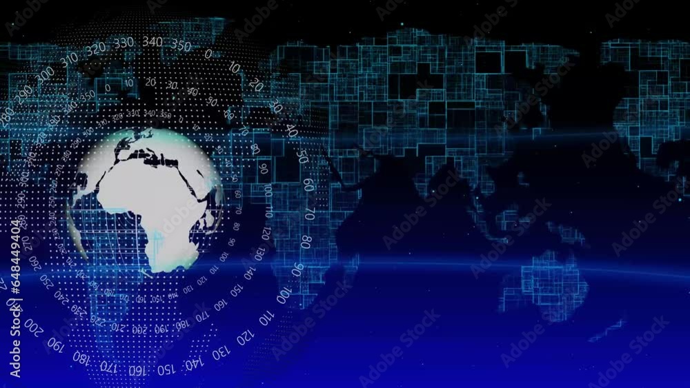 Animated digital world map with binary code and network connections ...