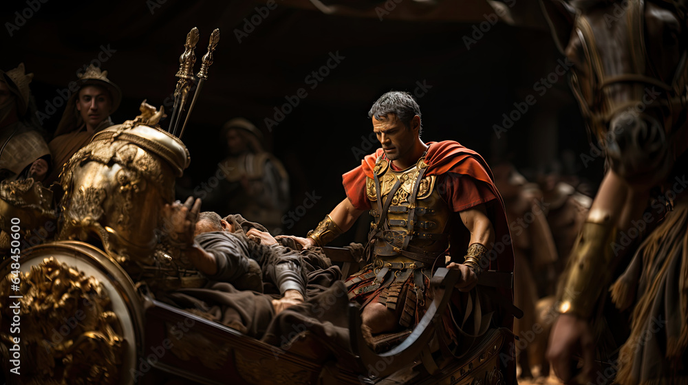 Roman legionaries after celts attack, the army is broken, commander ...