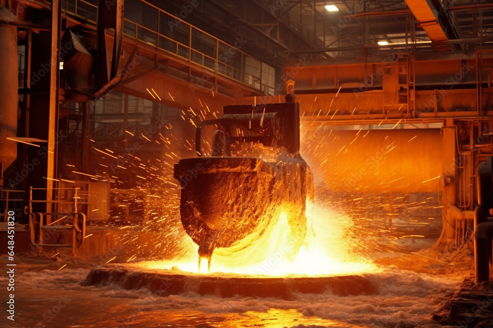 Pouring liquid molten metal from transport vessel to casting mold using ...