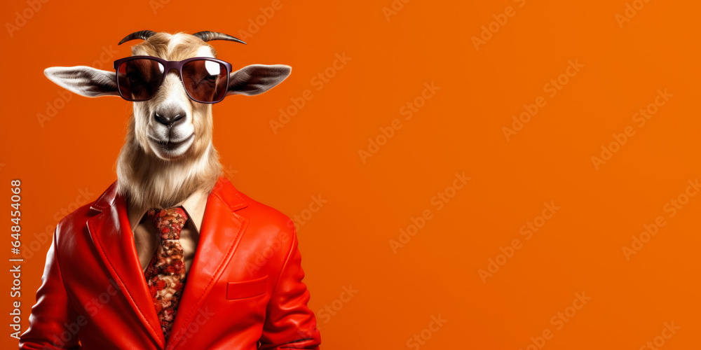 Cool looking goat wearing funky fashion dress - jacket, tie, glasses ...