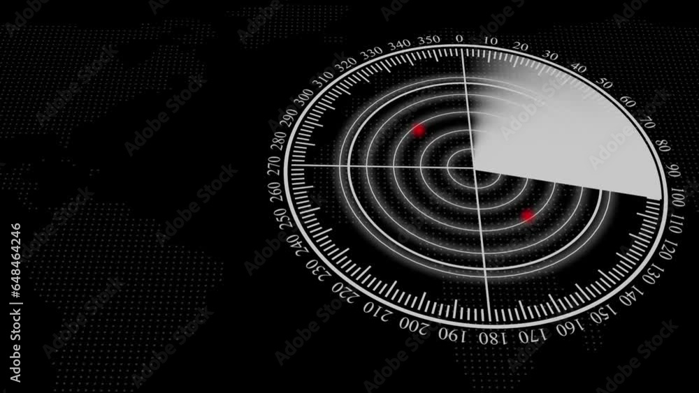 White radar screen scanning information on world map animation ...