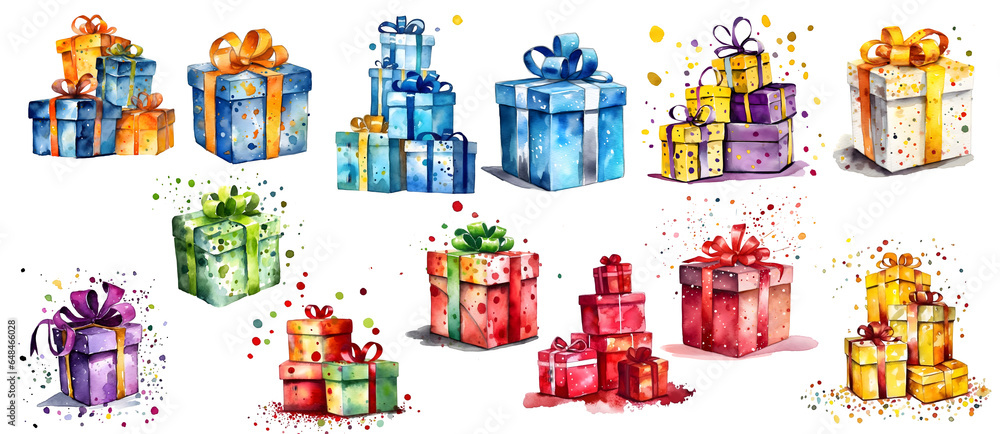 set of watercolor Birthday gift boxes on a transparent background, png ...