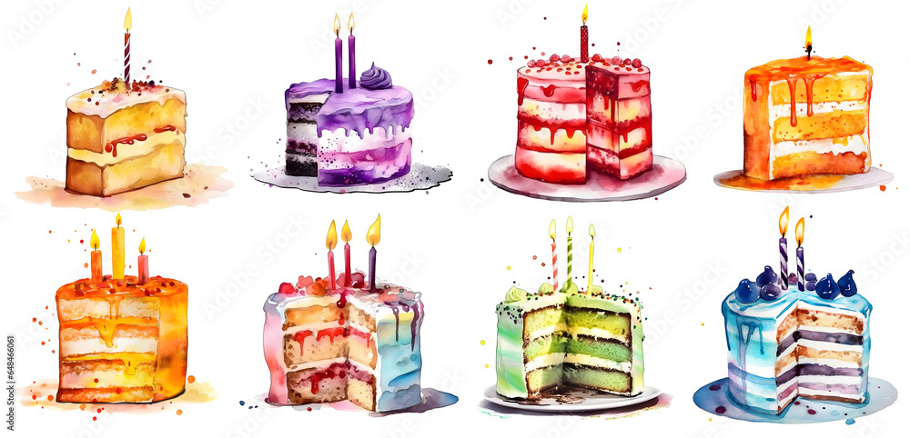 set of watercolor birthday cake and candles isolated on transparent ...