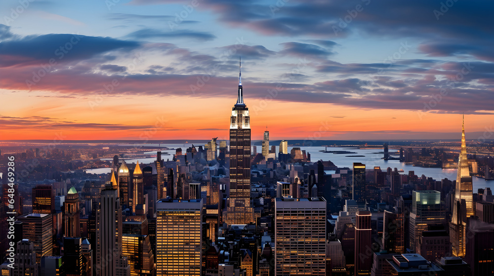An aerial panorama of New York City at dusk, capturing the iconic ...