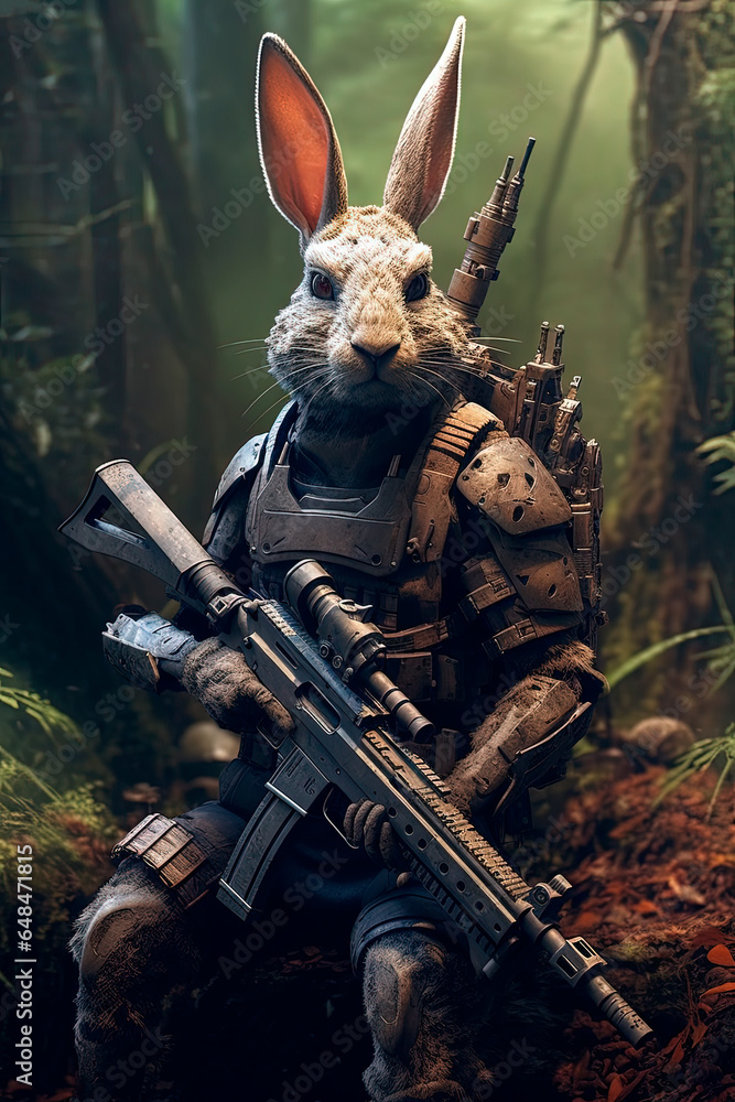 Rabbit in body armor and with a machine gun. Generative AI Stock ...