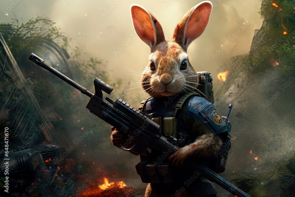 Rabbit in body armor and with a machine gun. Generative AI Stock ...