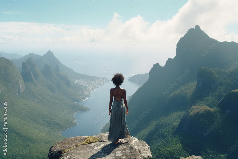 irl on mountain peak with looking at beautiful mountain, adventurous ...