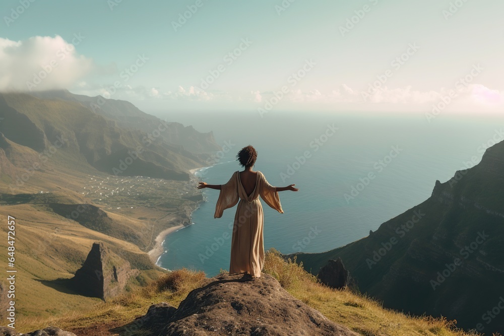 irl on mountain peak with looking at beautiful mountain, adventurous ...