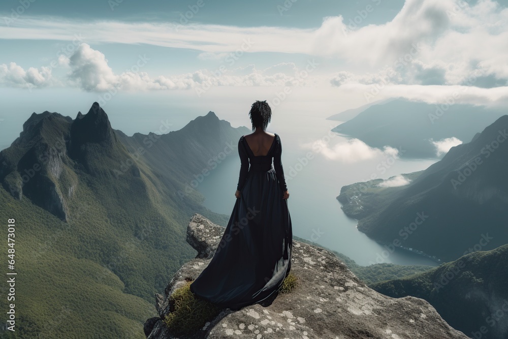 irl on mountain peak with looking at beautiful mountain, adventurous ...