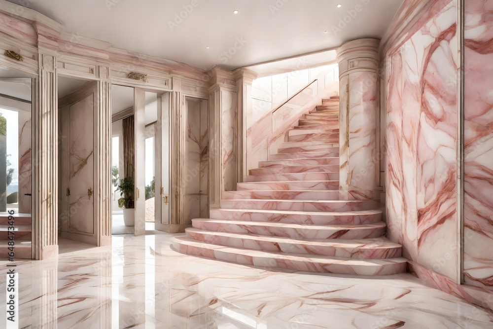 Stone stairs of white and pink marble of a lobby in a villa. White ...