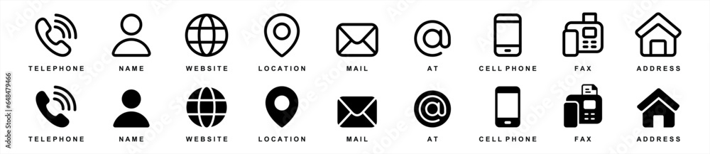 Contact information icon set in line style. Business card, Home, Phone ...