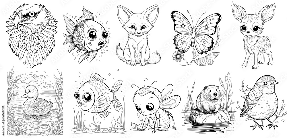 set of animal for coloring pages on transparent background, generated ...
