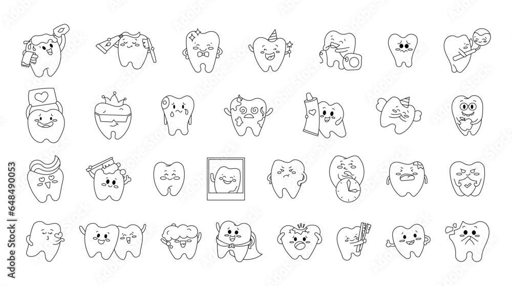 Cute tooth character. Coloring Page. Care and cleaning concept. Morning ...
