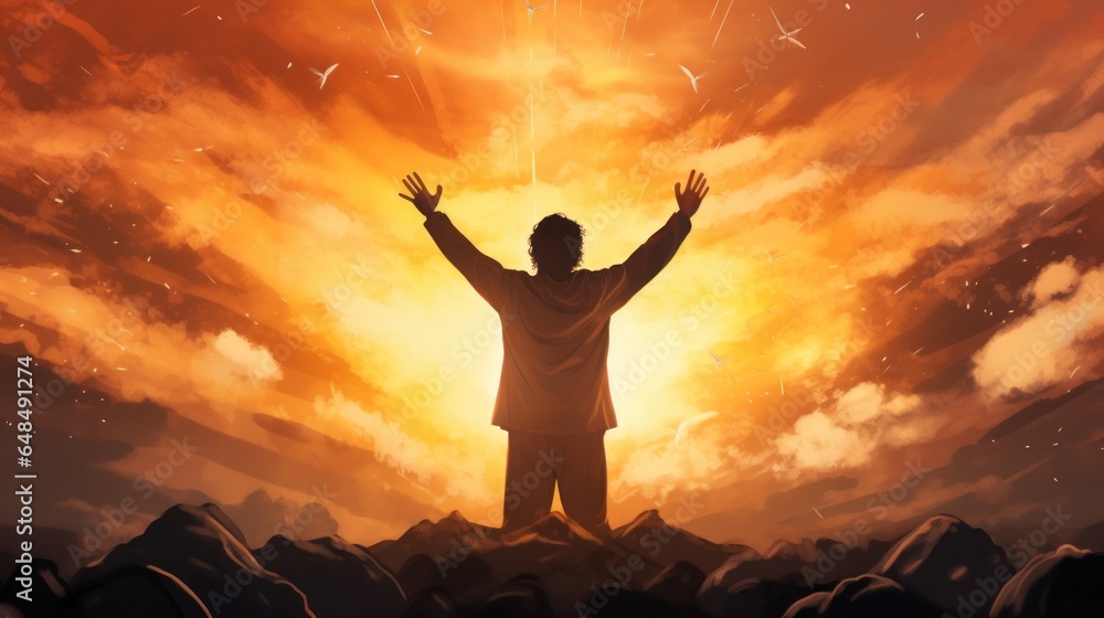 Silhouette of a man praising and symbol of a cross Stock Illustration ...