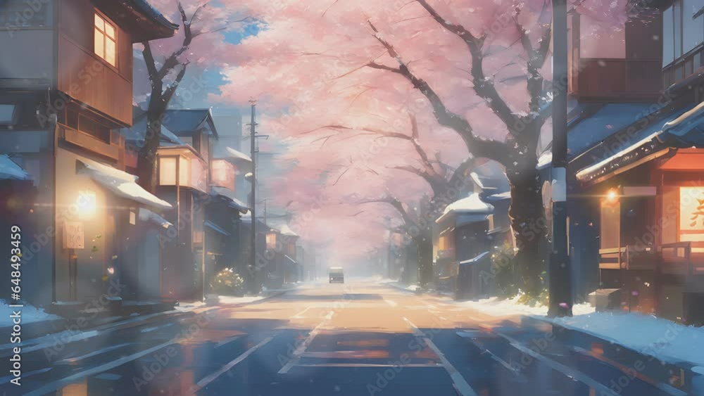 Japanese street view with cherry blossom trees and falling snow ...