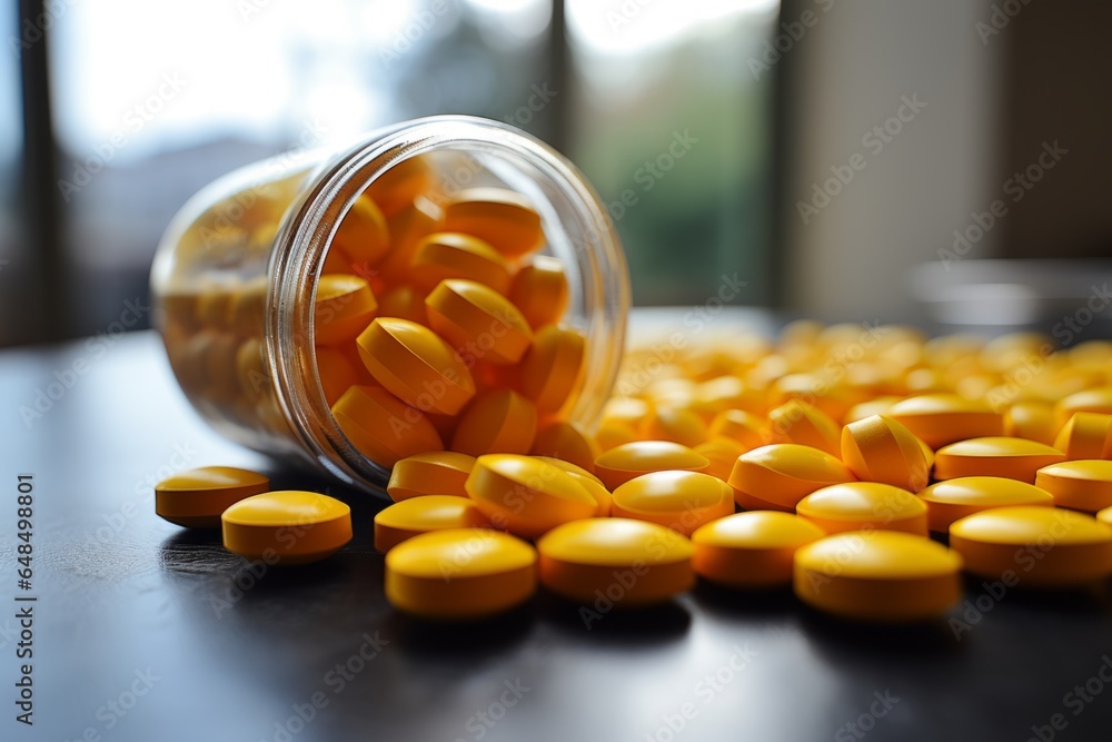 Jar with yellow vitamin pills healthy vital capsules pharmaceutical ...