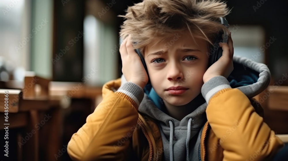 Tired boy want to block out overwhelming or unpleasant sensory input ...