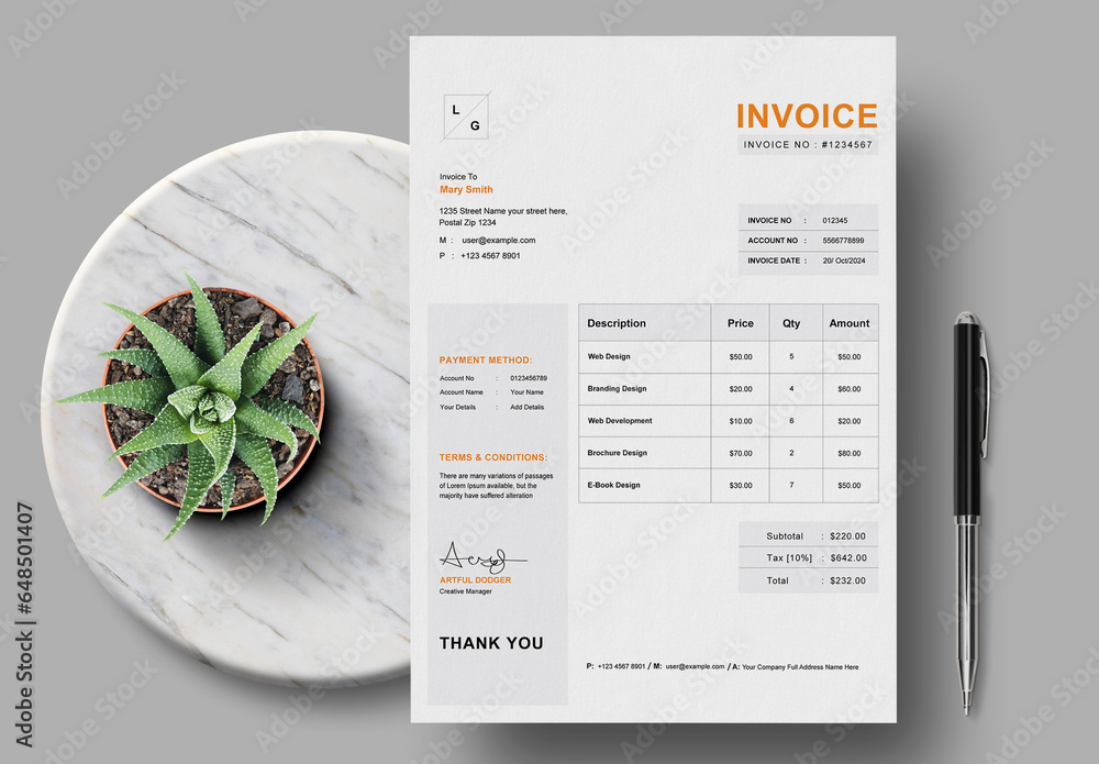 Clean & Professional Invoice Design Stock Template | Adobe Stock