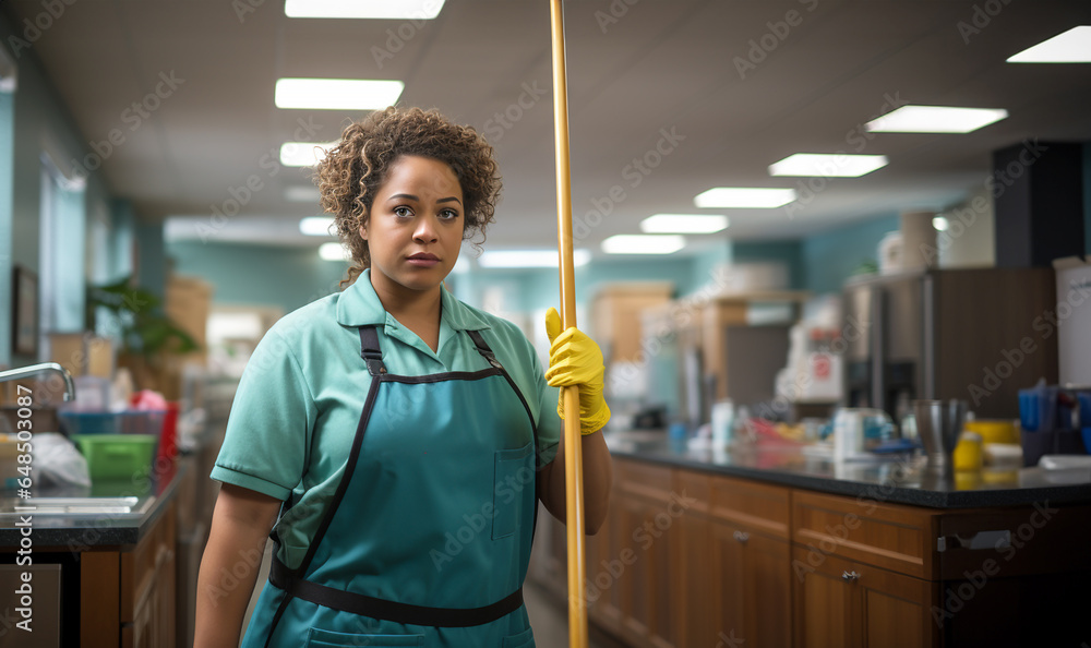 Cleaner lady at work clean empty office. Cleaner woman at work wearing ...