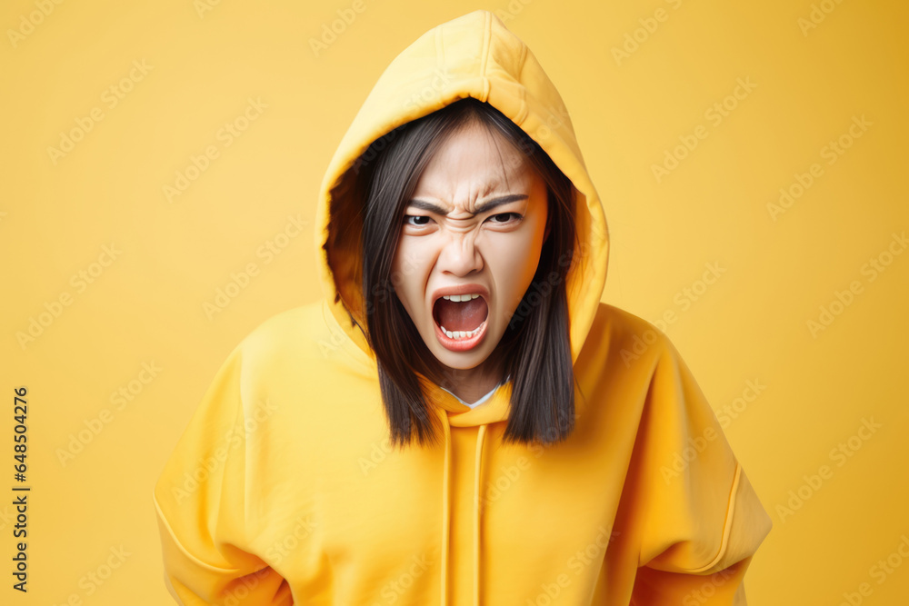 Anger Asian Woman In Yellow Hoodie On Pastel Background . Сoncept ...