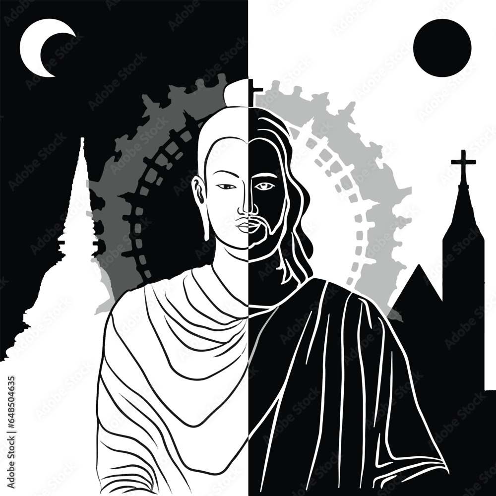 Line drawing black and white Buddha and Jesus Christ illustration ...