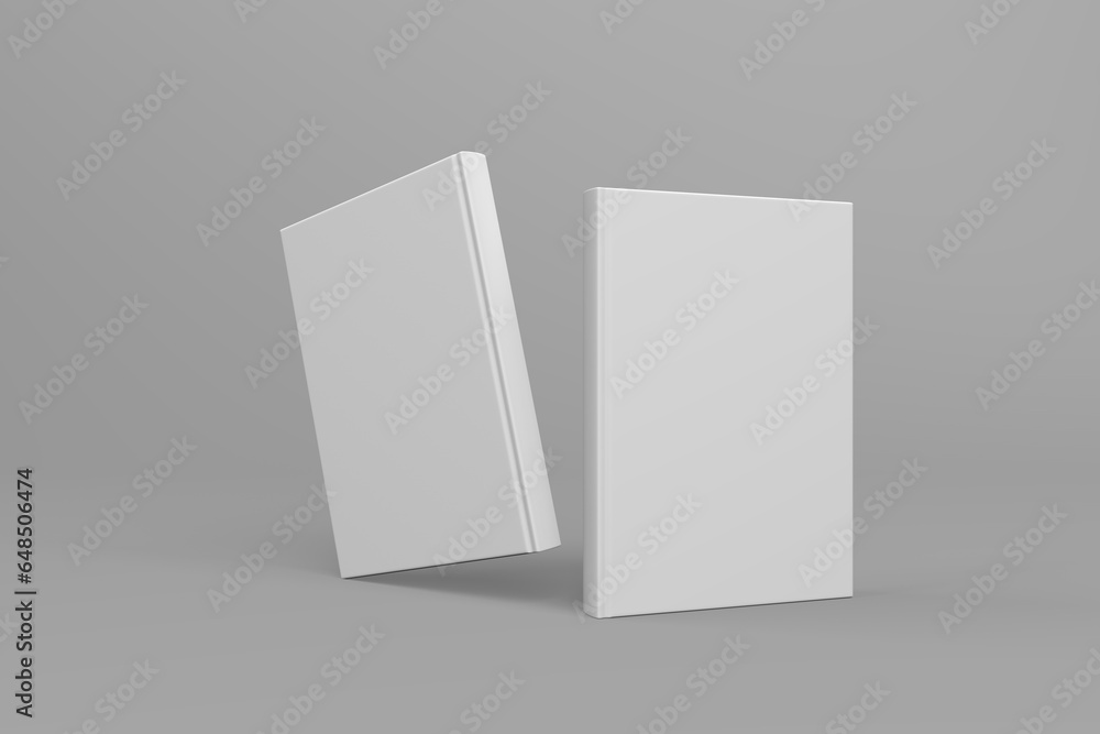 Realistic 3D book mockup illustration with 2 hard covers. Book model standing upright on ...