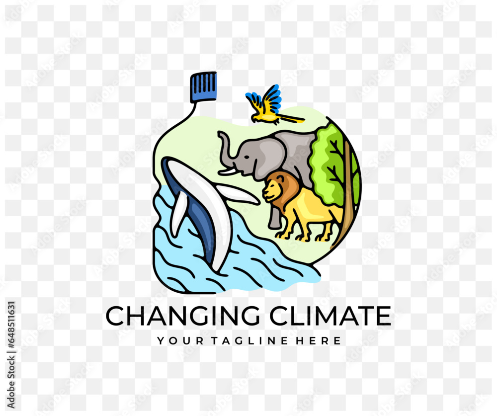 Changing climate, animals, plants, fish and birds, colored graphic ...