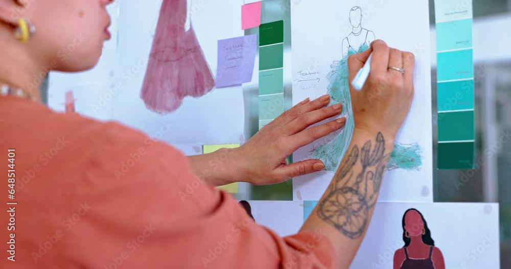 Fashion, design and woman with inspiration, thinking at moodboard and ...