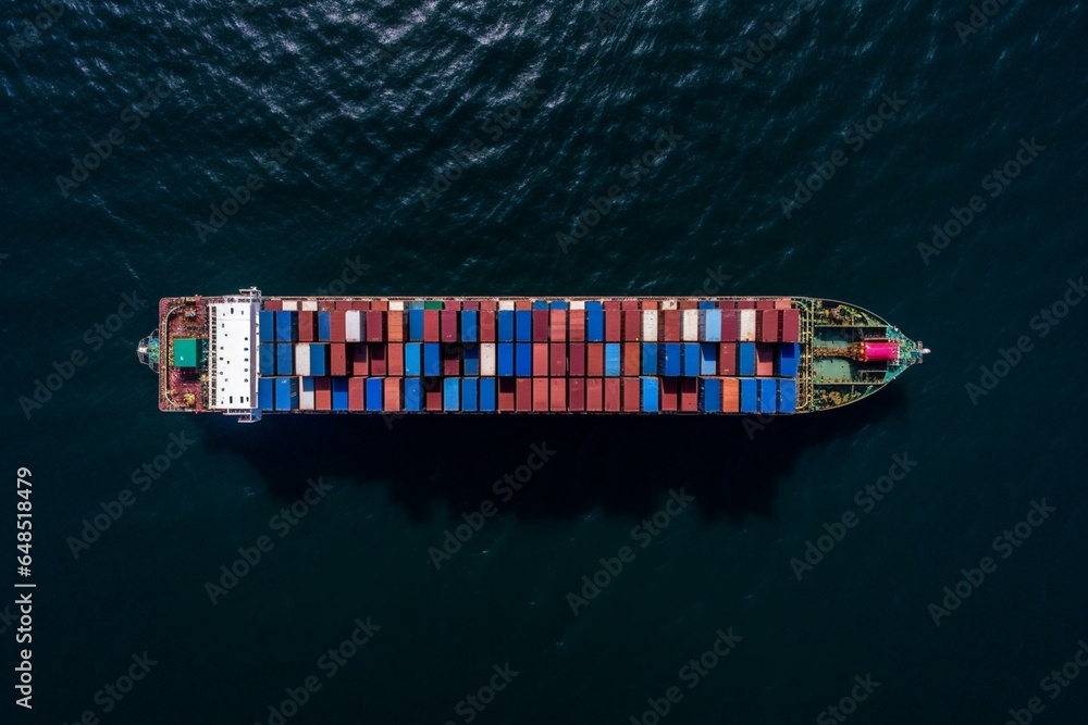 An overhead shot of a vessel transporting shipping containers across ...