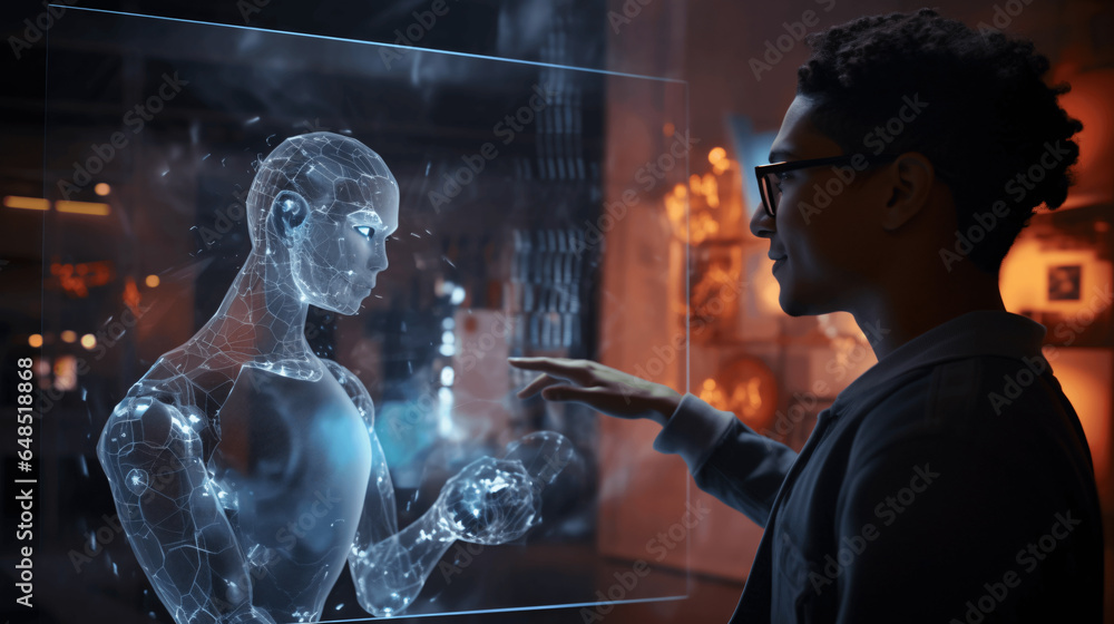 A person interacting with a lifelike AI character in a virtual or ...