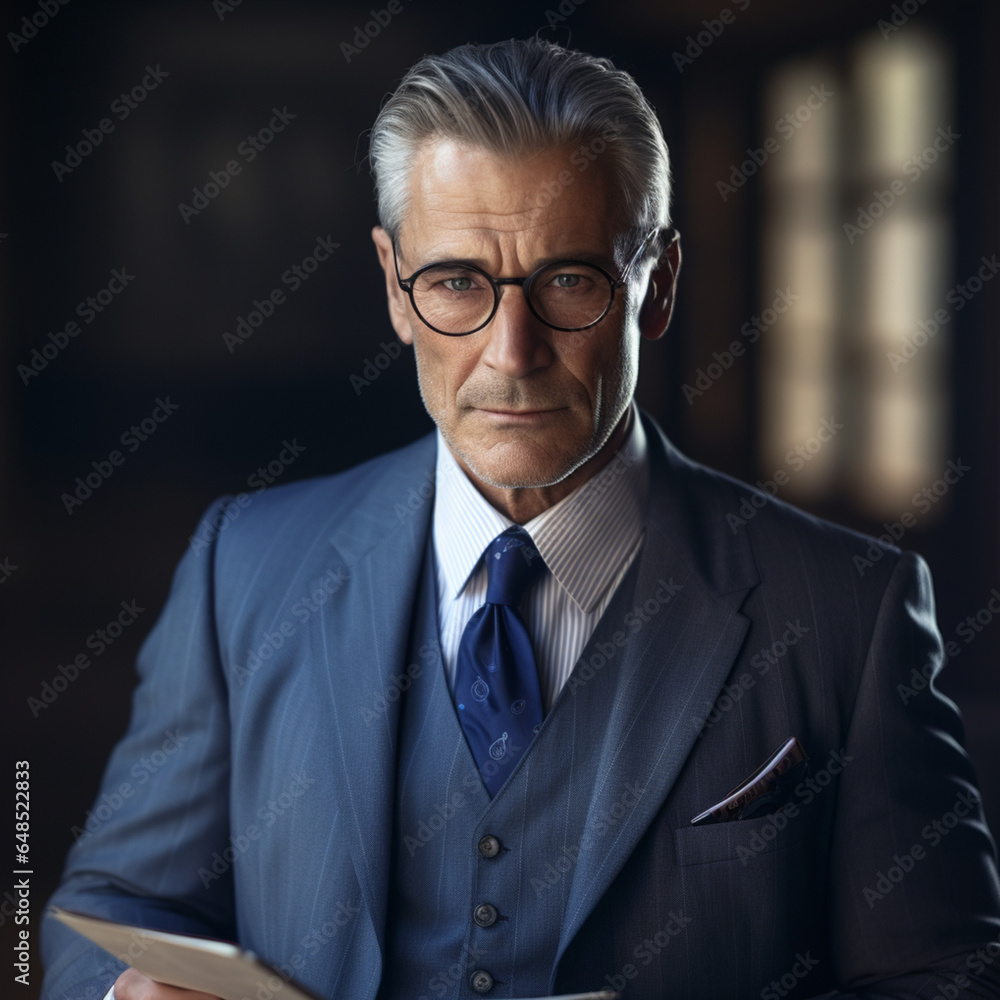 man 52, dressed in 3 piece pinstripe suit, almond shaped blue eyes with ...