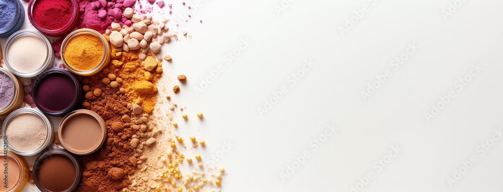 colorful makeup and facial powders on a left side of a wide long banner ...
