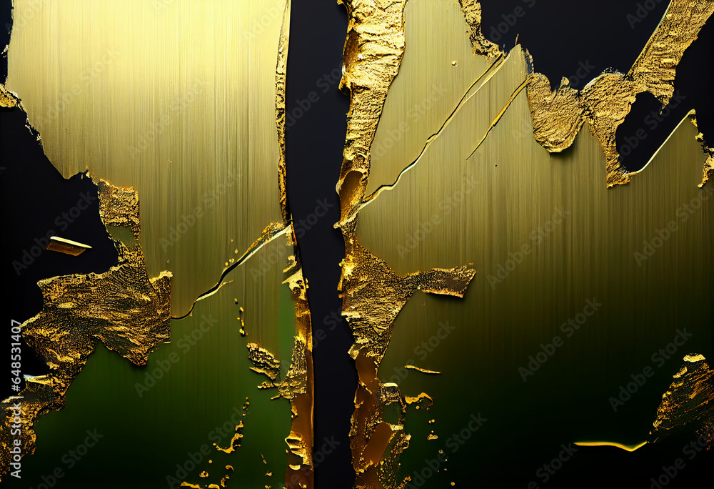 A gold and black abstract painting with gold paint streaks on it ...