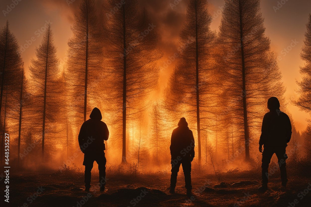 arson pyromaniacs giving fire to forest at sunset, smoke and fire ...