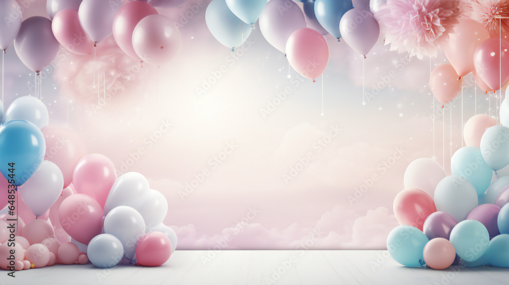 baby born celebration backdrop with pastel balloons background Stock ...