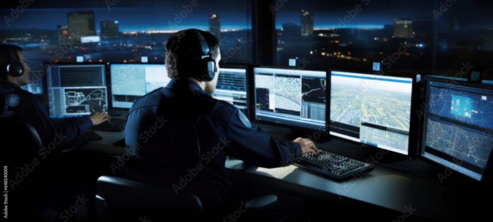 Security guards in security control room with video wall or legal ...