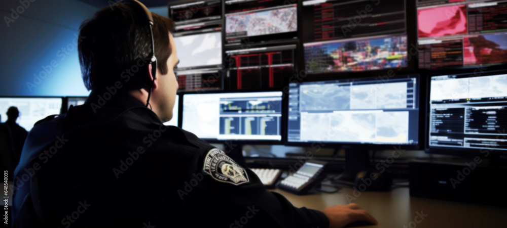 Security guards in security control room with video wall or legal ...