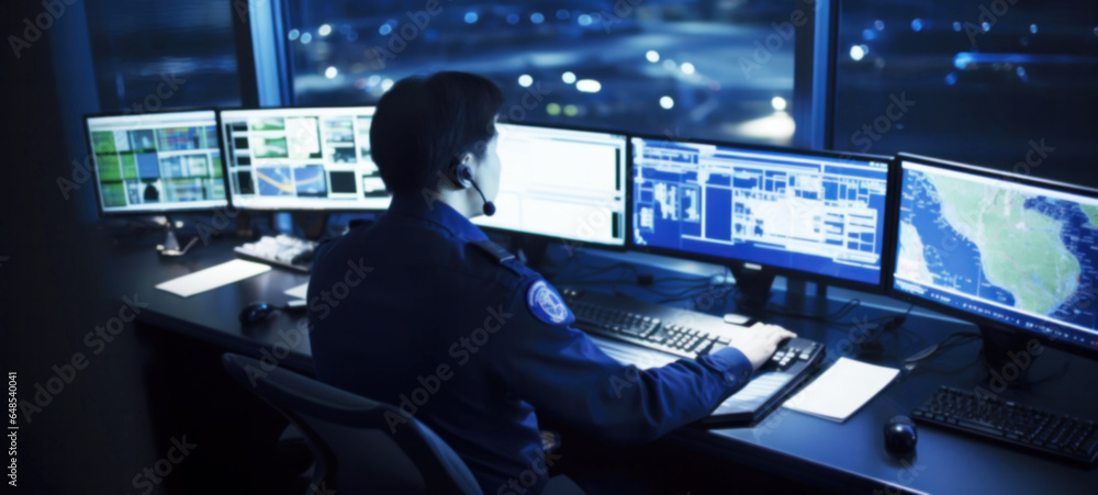 Security guards in security control room with video wall or legal ...