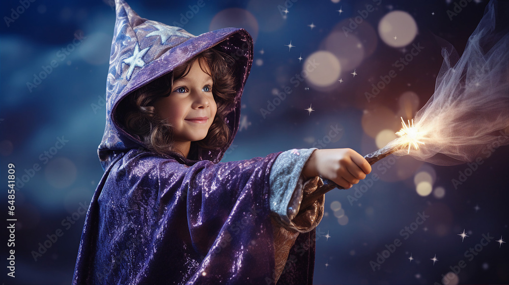 Child in a wizard costume, waving a magical wand, imagination turning ...