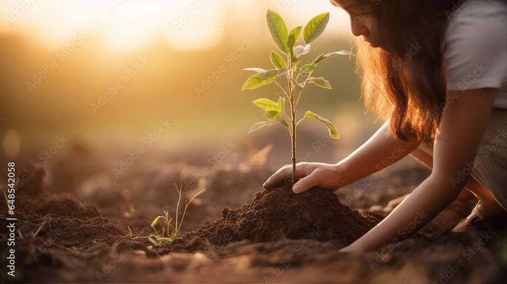 Girl planting a tree, her hands deep in the soil, a gesture of love for ...